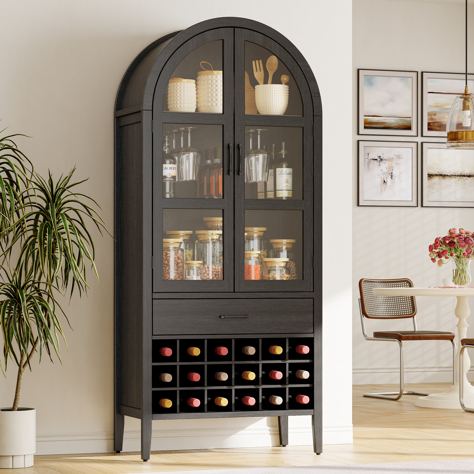 Winston Porter 71" Tall Wine Bar Cabinet, Arched Storage Cabinets With Door, Bar Cabinet For ...